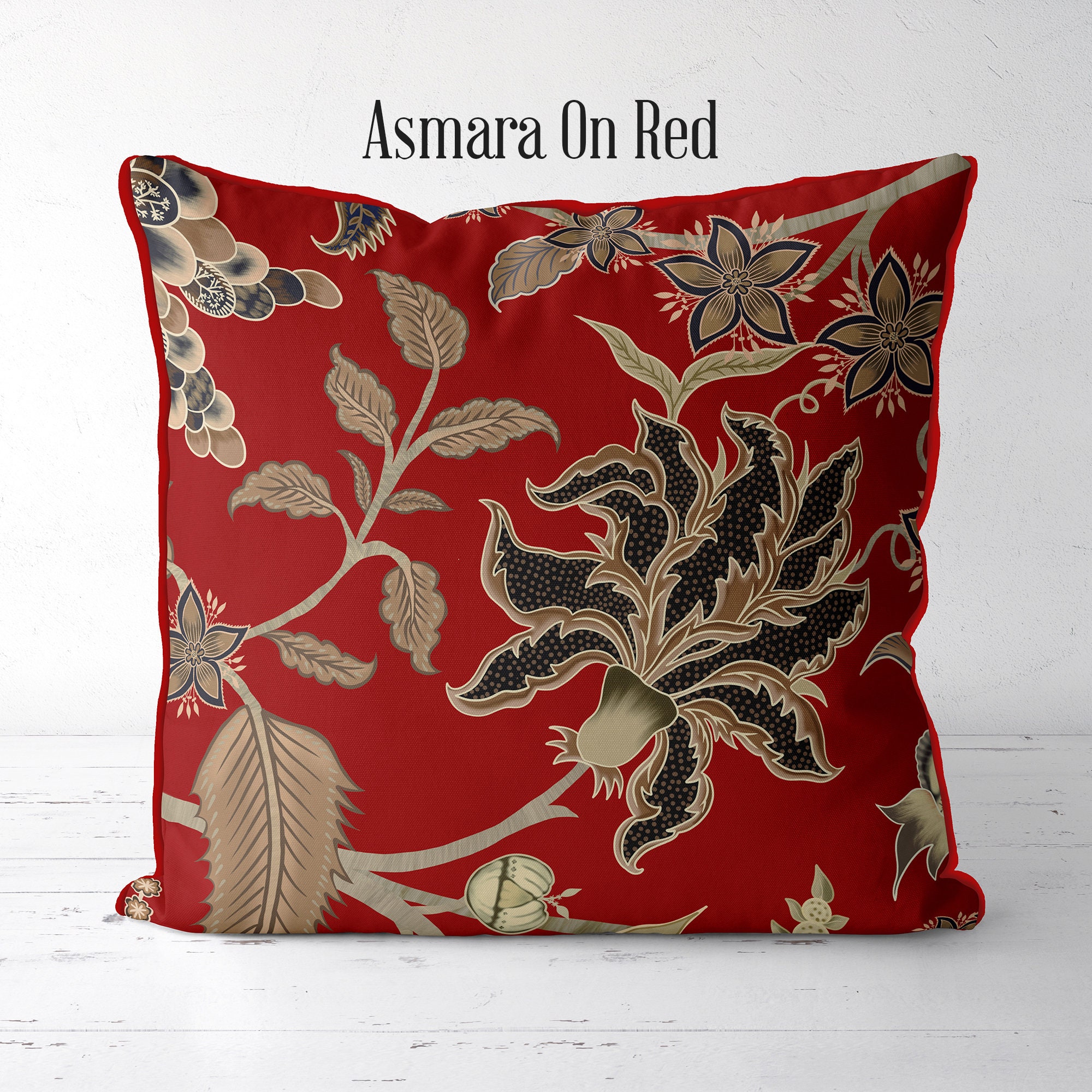 Red and Gold Designer Pillow Cover, Jacobean Floral Style, Beach House ...