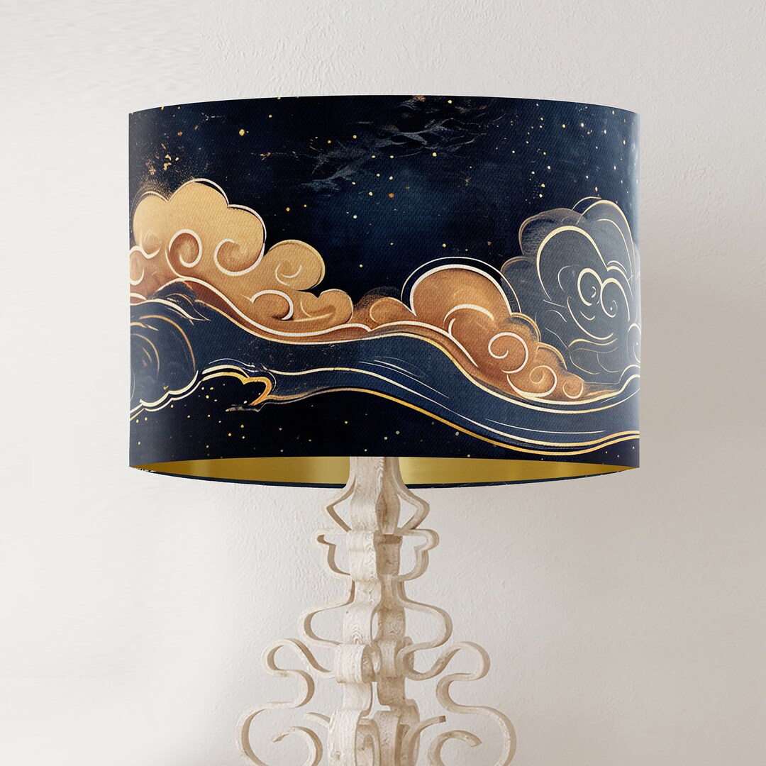 Dark Blue Celestial Lampshade, Gold Cloud Drum Shade, Oriental Style - Etsy