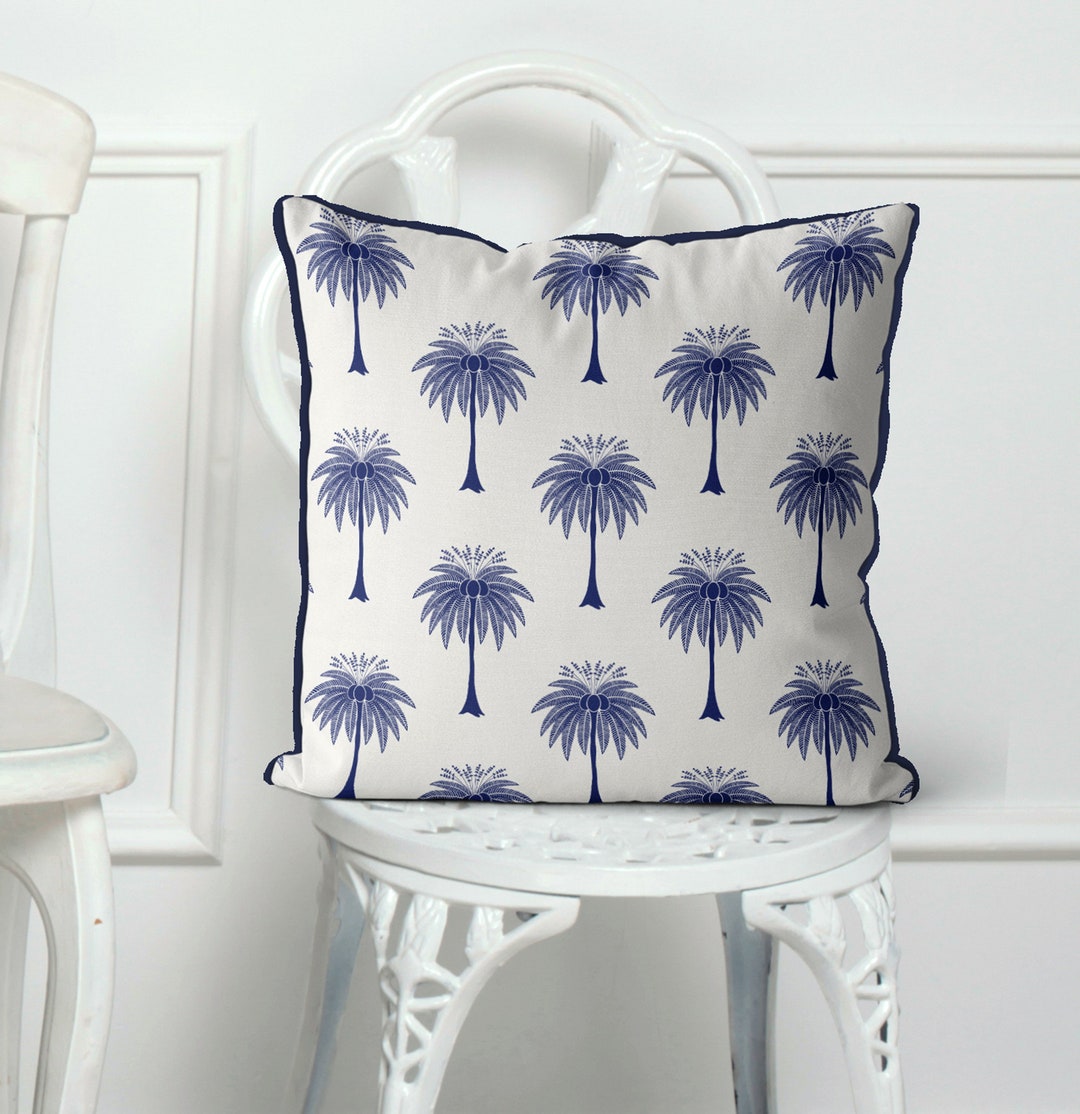 Palm Tree Pillow Cover, Royal Blue & White Tropical Palm Cushion Cover ...