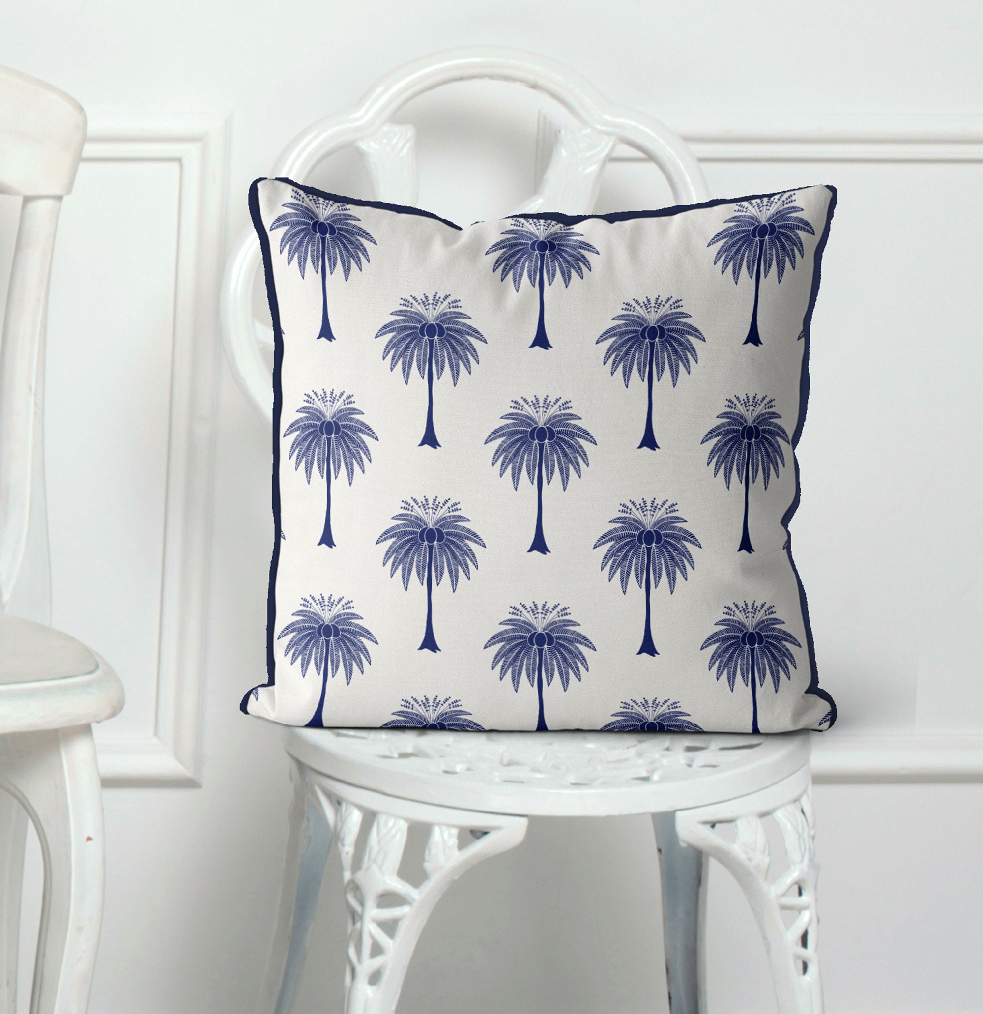 Palm Tree Pillow cover Royal Blue & white tropical palm | Etsy