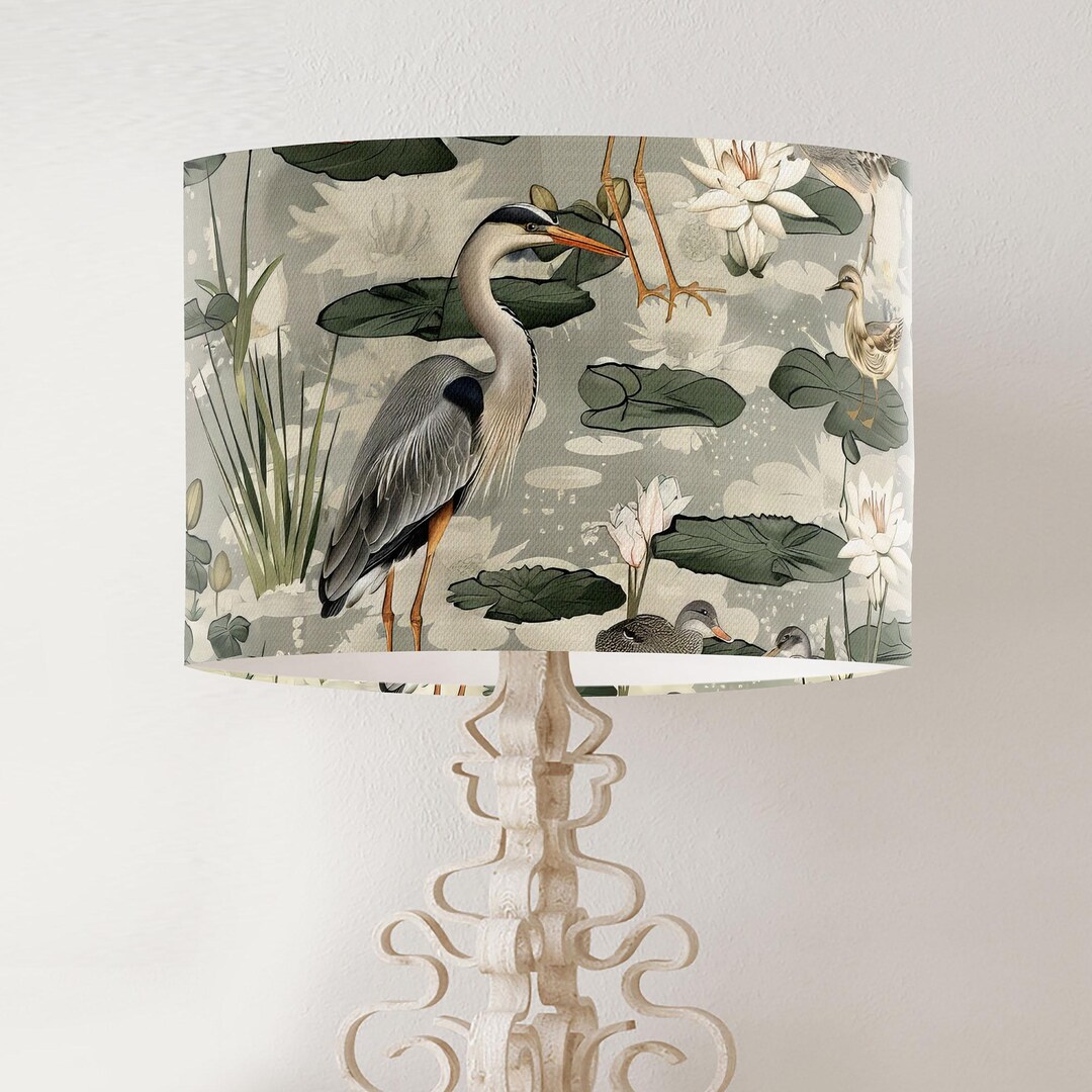 Blue Heron and Ducks Lampshade, Olive Green and Grey, Handmade Fabric ...