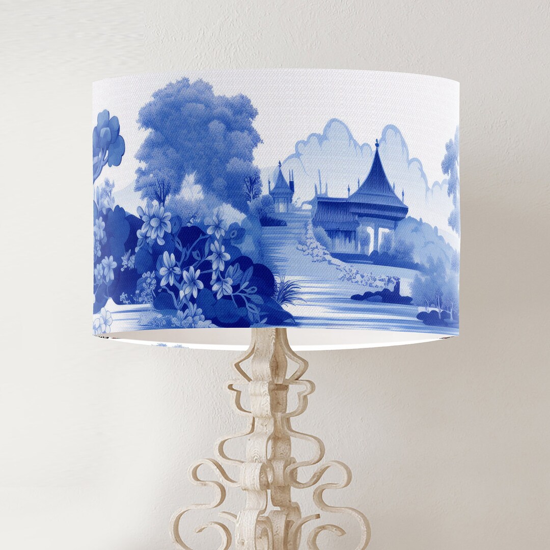 Oriental Lampshade, Blue and White Chinese Pagoda Printed Lampshade ...