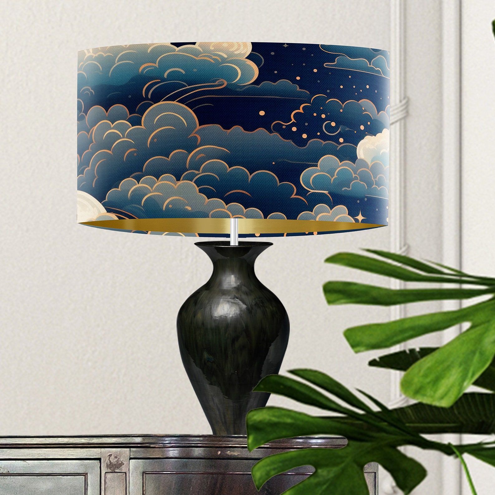 Dark Blue, Cream Gold Lampshade, Cloud Design for Bedroom Decor ...