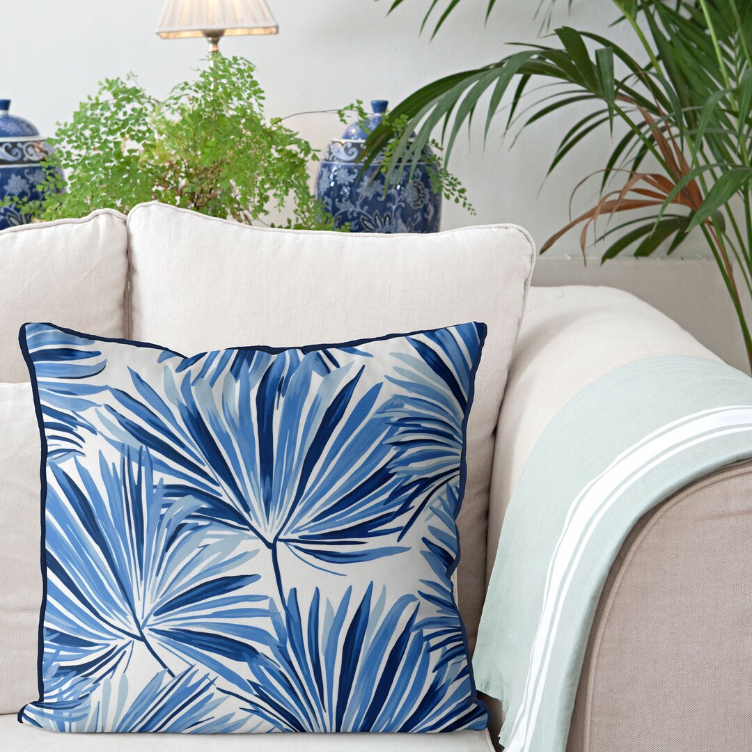 Palm Tree Pillow Cover, Blue and White Tropical Cushion Covers ...
