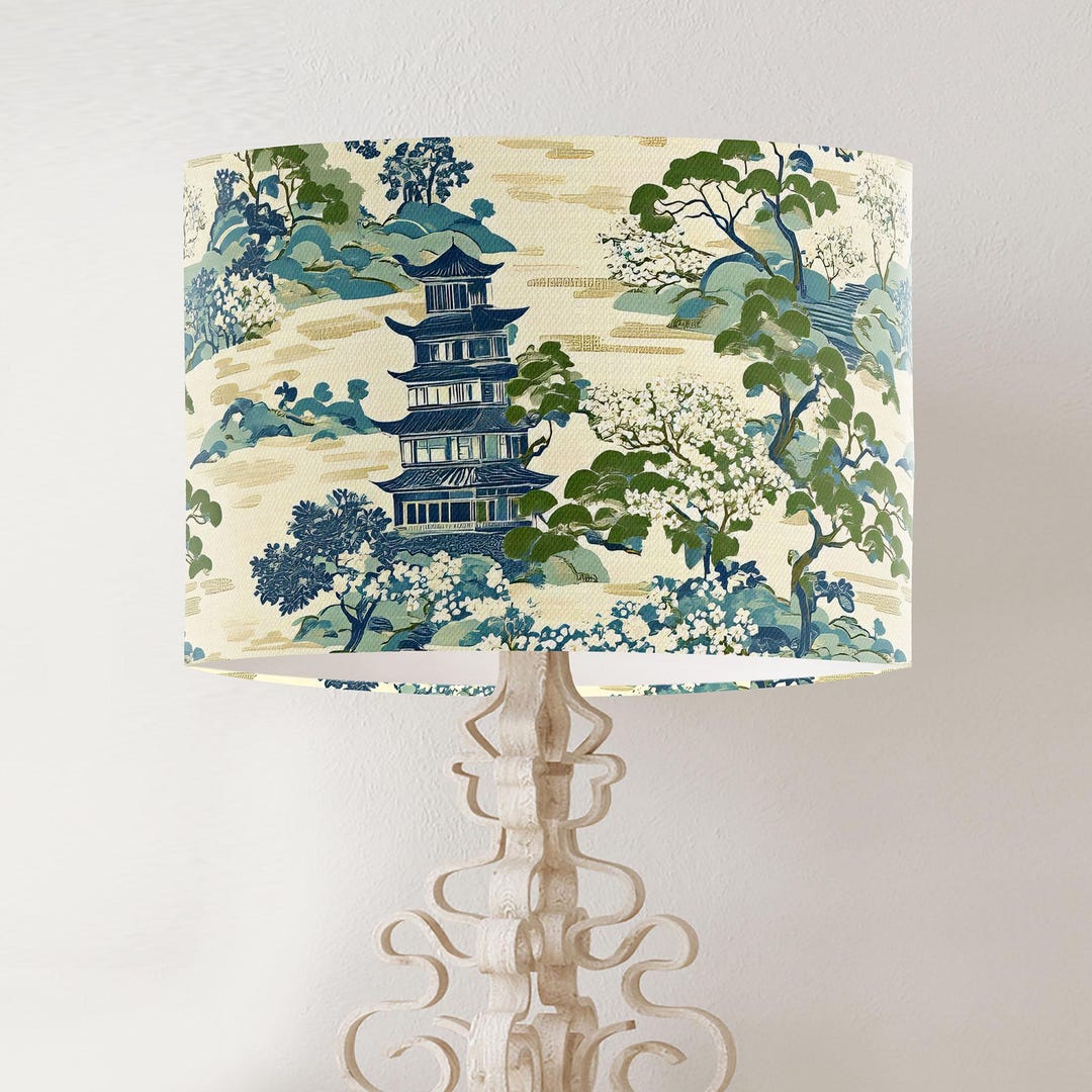 Elegant Blue Green Chinoiserie Lampshade, Handmade Fabric Printed Drum ...