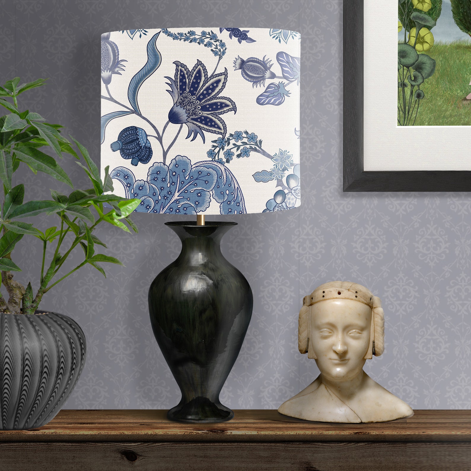 Blue and White Designer Lampshade, Jacobean Floral Style, Oriental ...