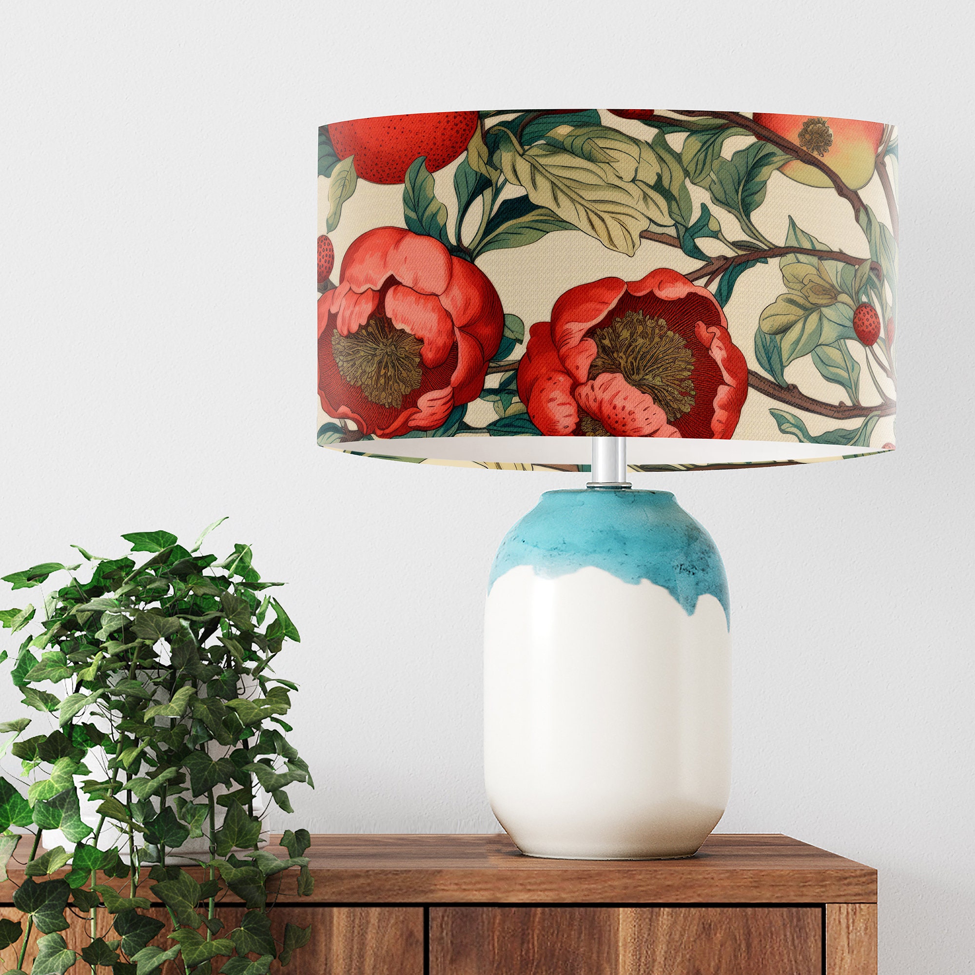 William Morris Style Floral Lamp Shade With Pomegranate Design in Reds ...