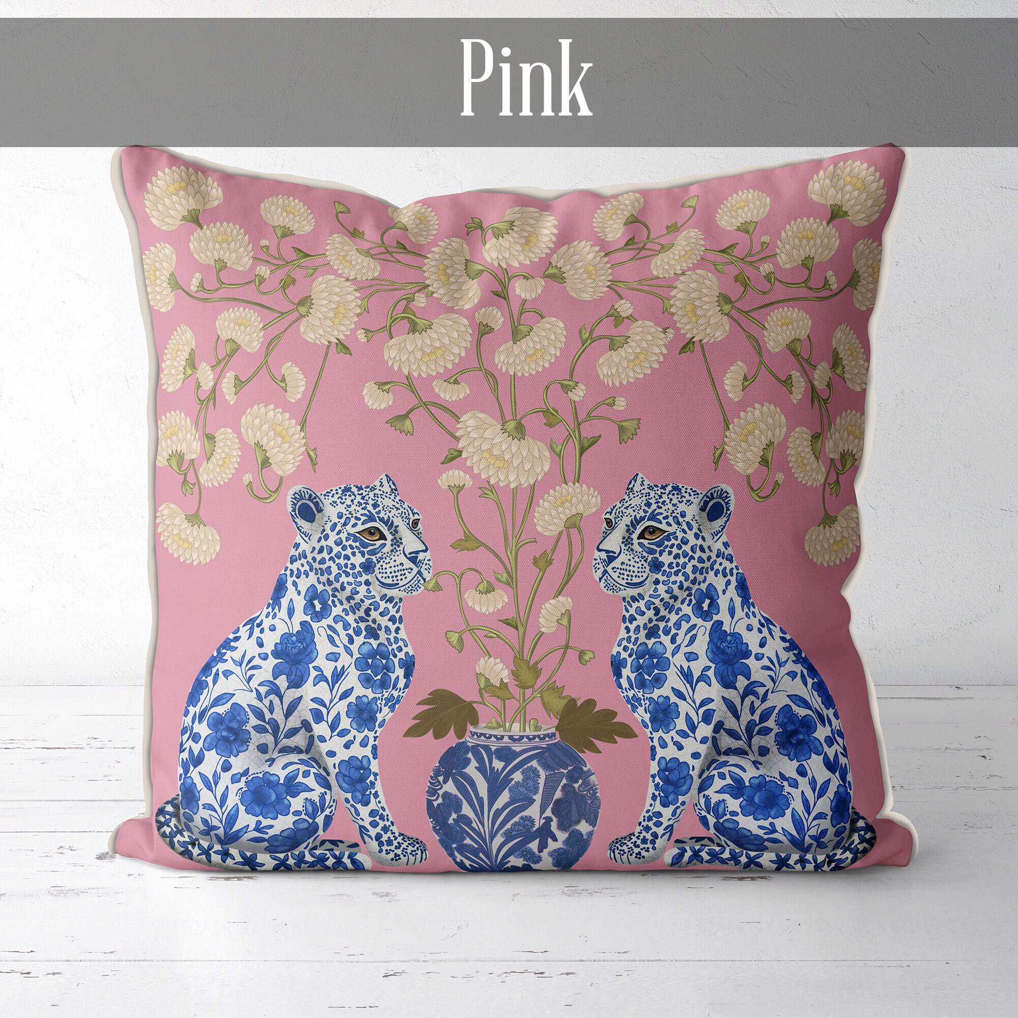 Chinoiserie Pillow Cover, Leopard Twins on Blue, Modern Chinoiserie ...