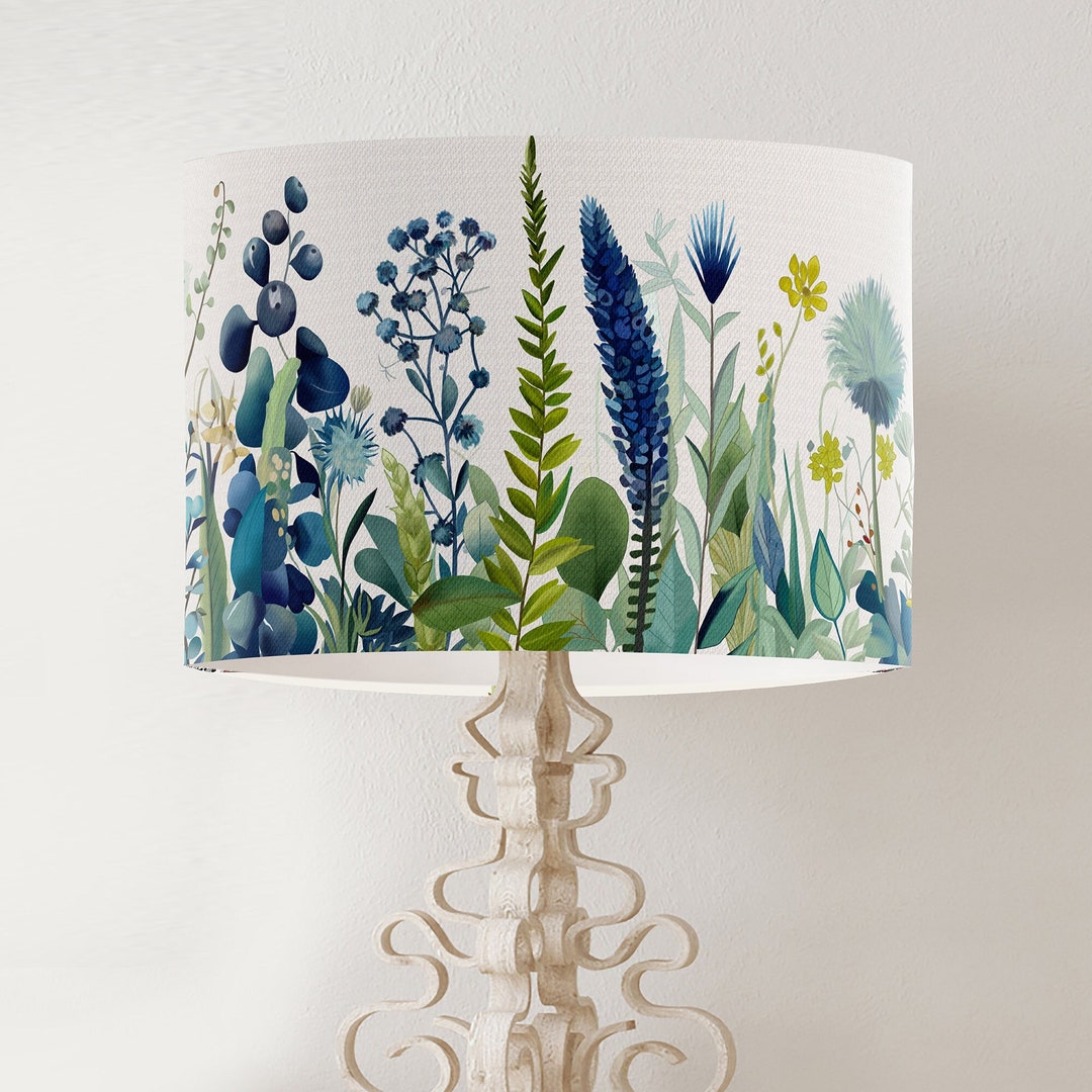 Blue and Green Modern Scandi Wildflower Grass Drum Lampshade, Printed ...