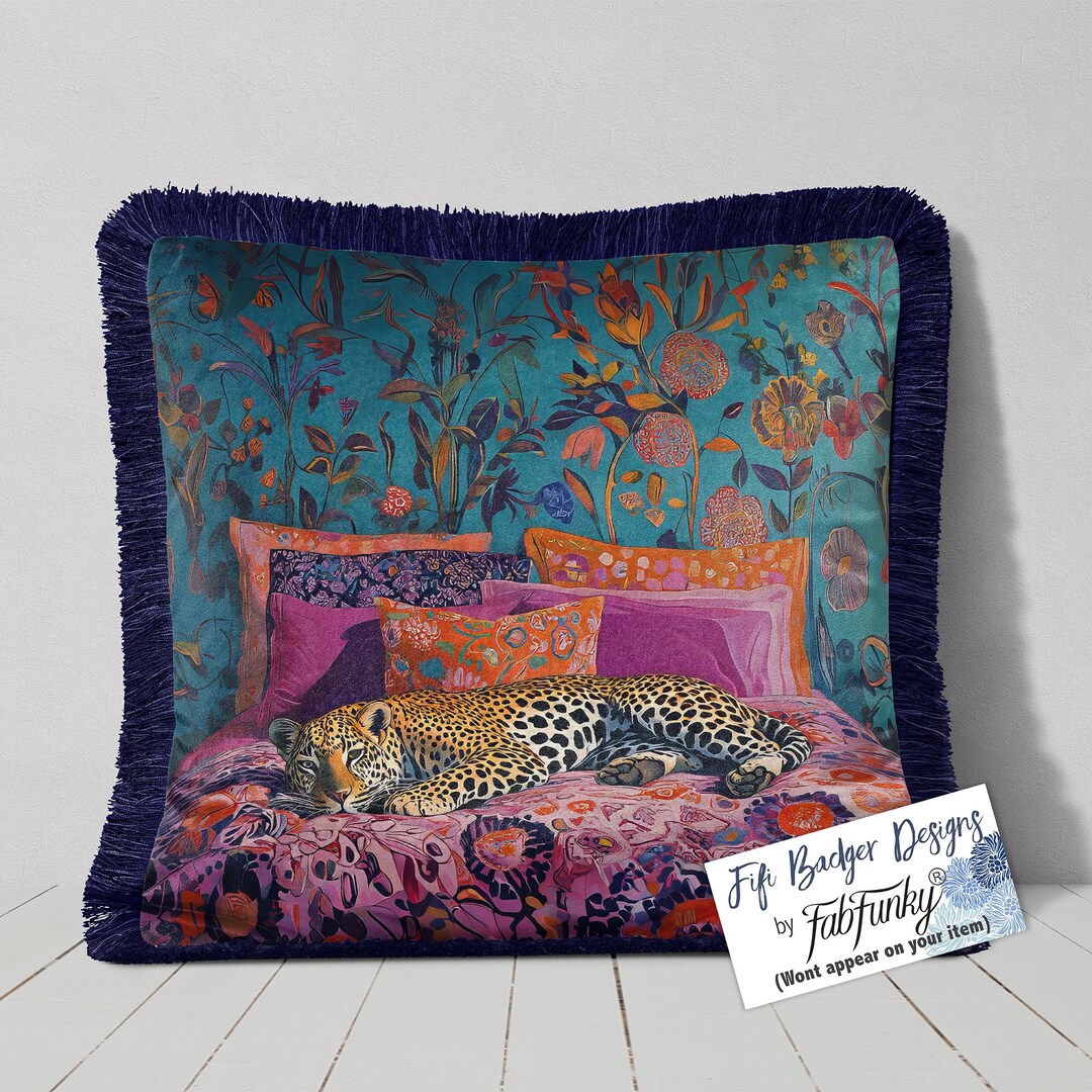 Turquoise Leopard Print Luxury Velvet Fringed Pillow Cover, Eastern ...
