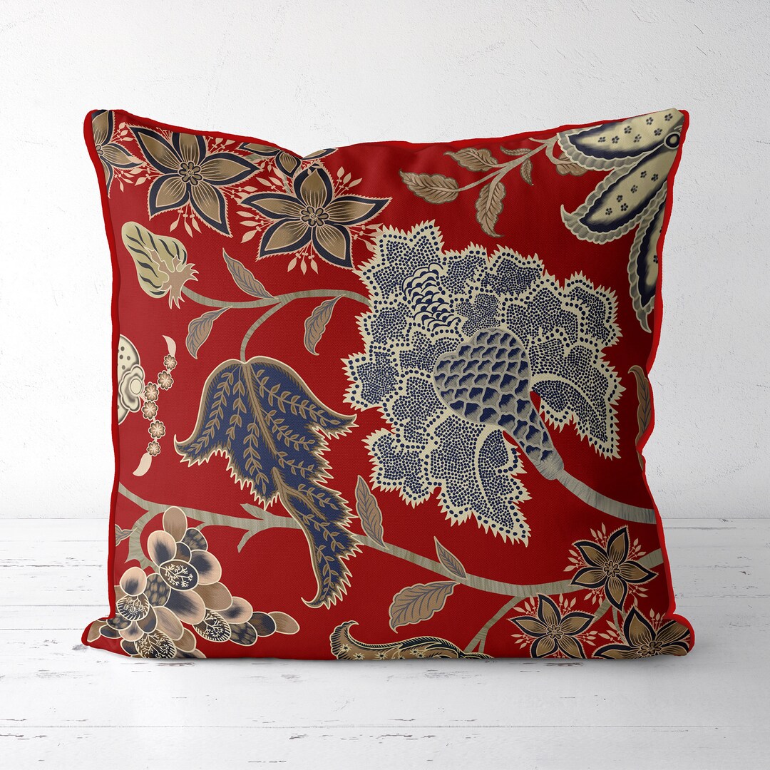 Designer Pillow Cover Red and Gold Pillow Cover Jacobean Floral Style ...