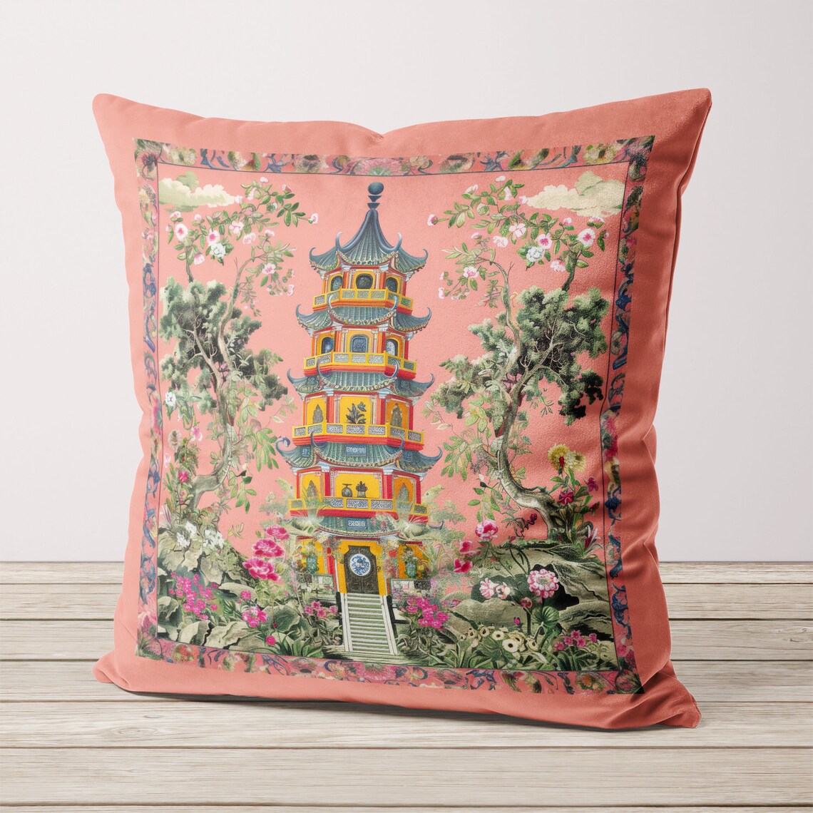 Luxury Velvet Chinese Style Pink Pagoda Throw Pillow Cover, Chinoiserie ...