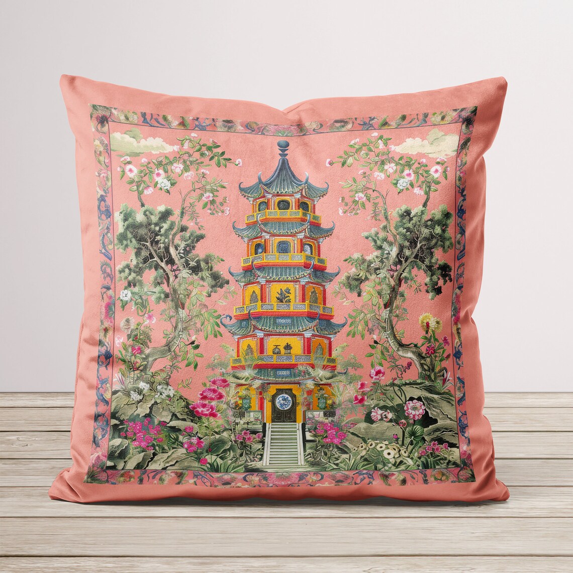 Luxury Velvet Chinese Style Pink Pagoda Throw Pillow Cover, Chinoiserie ...