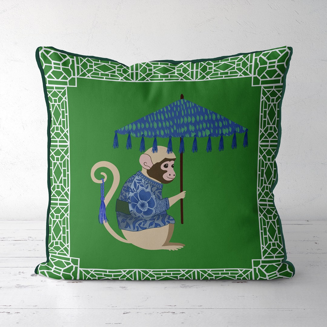 Modern Chinoiserie Pillow Cover, Monkey Parasol Cushion Cover on Green ...