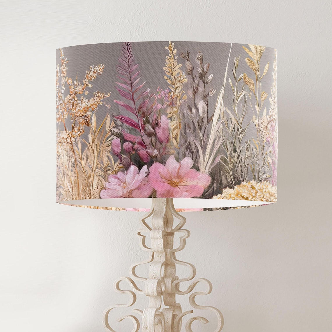 Handmade Floral Drum Lampshade, Pink Heather Design - Etsy