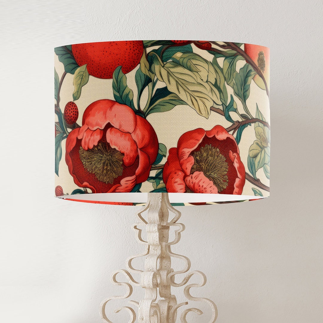 William Morris Style Floral Lamp Shade With Pomegranate Design in Reds ...