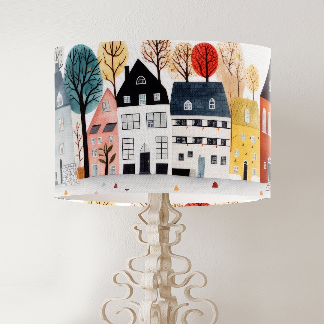 Modern Scandi Colourful Village Rustic Houses Drum Lampshade, Printed ...