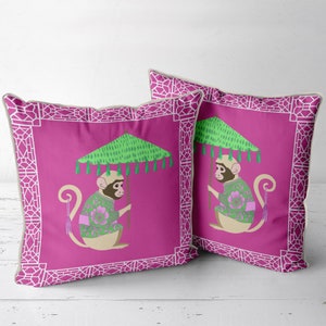 Pair of Chinoiserie Pillow Covers Monkey Parasol Cushion Covers on Blue ...