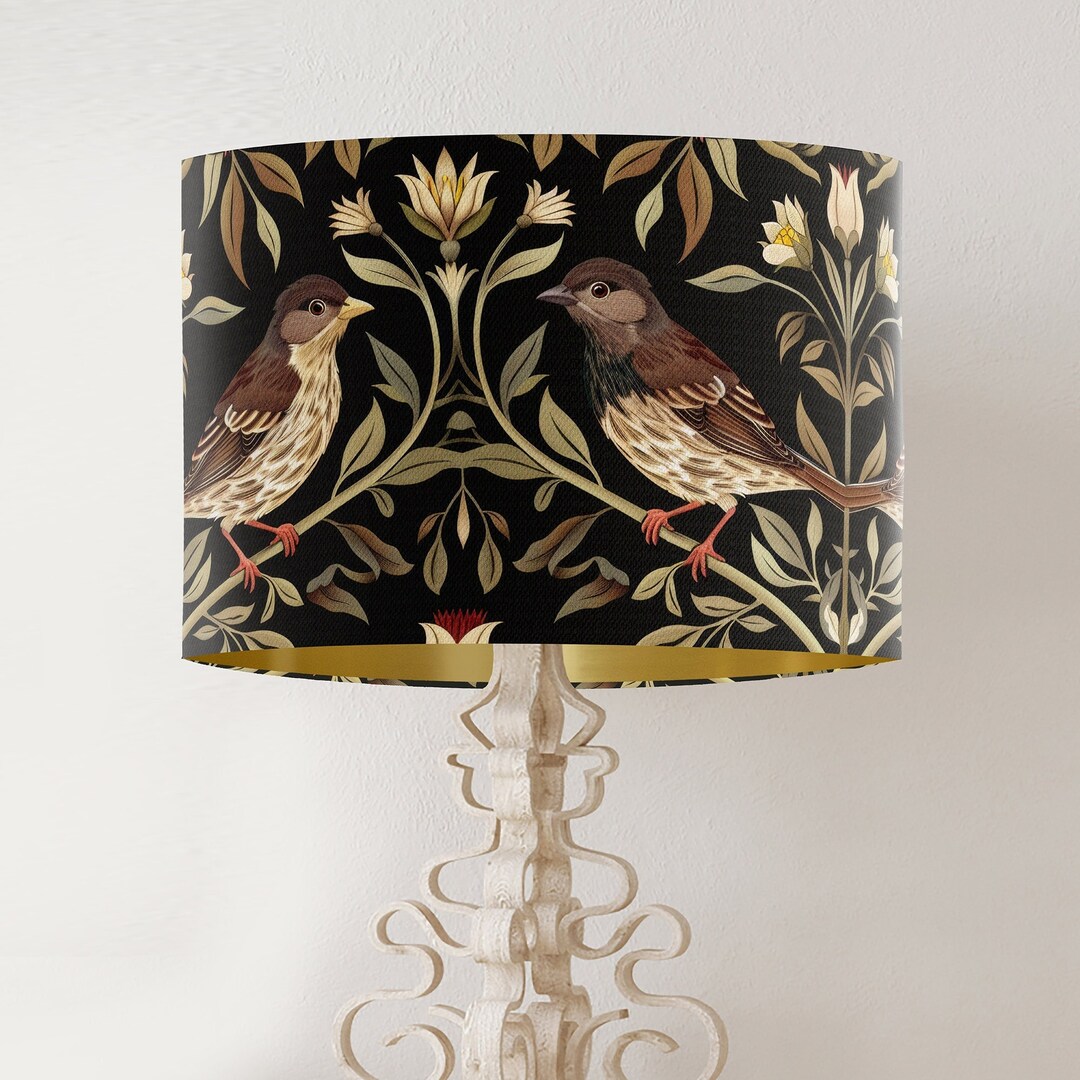 William Morris Style Lampshade, Thrush Birds on Floral Pattern ...