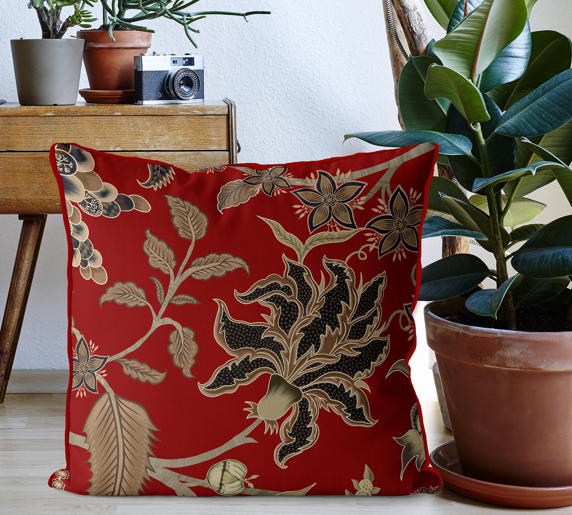 Red and Gold Designer Pillow Cover, Jacobean Floral Style, Beach House ...