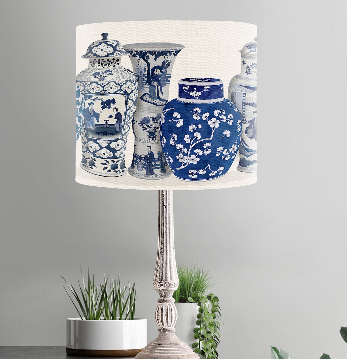 Chinoiserie Lamp Shade Chinese Decor Blue and White Lamp | Etsy