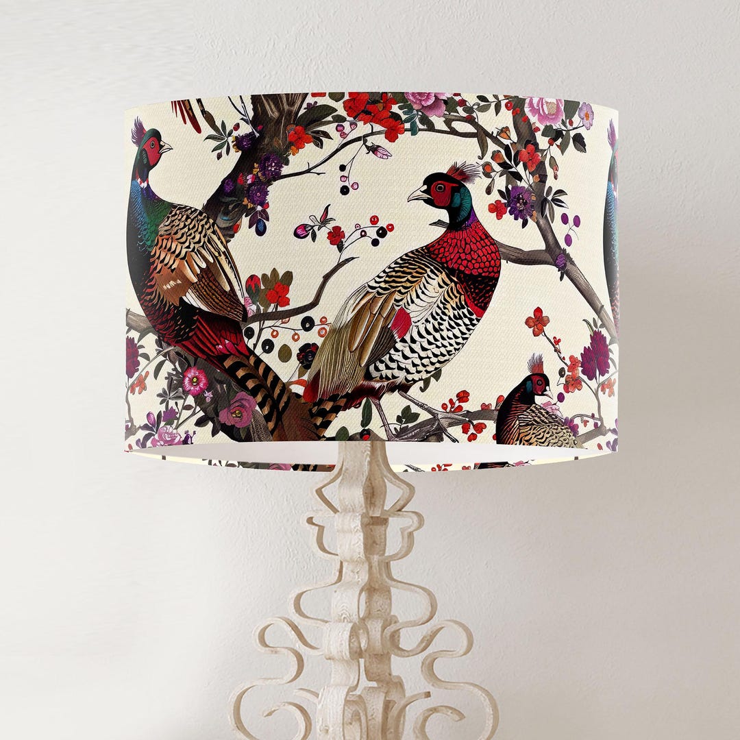 Colourful Pheasant Lampshade, Handmade Fabric Printed Drum Lamp Shade ...