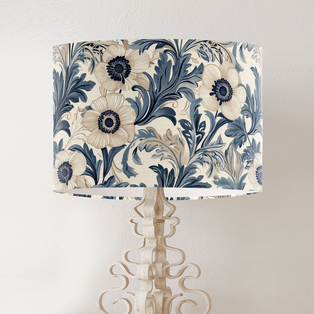 William Morris Style Lampshade, Blue and White Poppy Floral Design ...