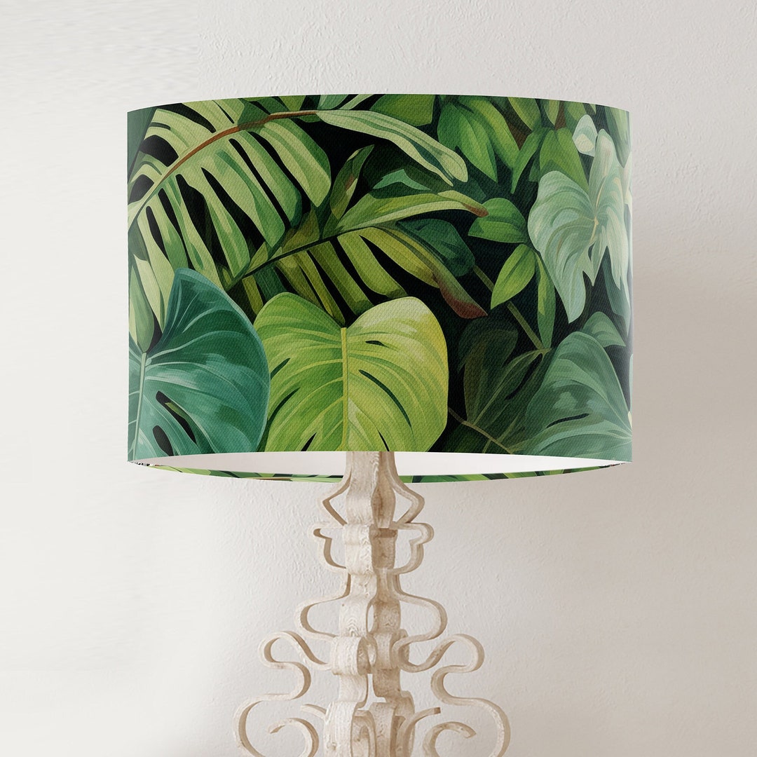 Green Palm Leaf Tropical Lampshade, Large Drum Printed Botanical Decor ...