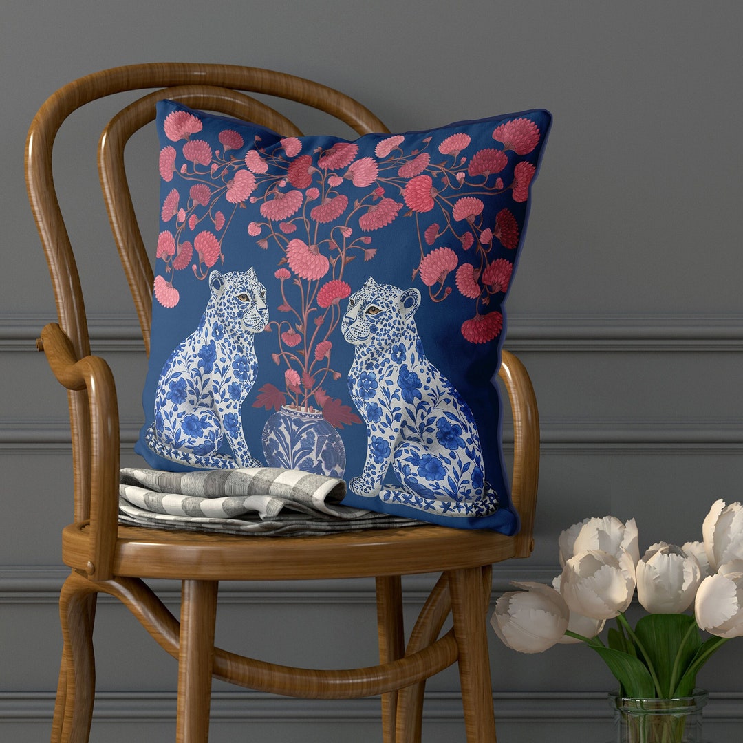 Leopard Twins Chinoiserie Pillow Cover, Blue Floral Cushion - Etsy
