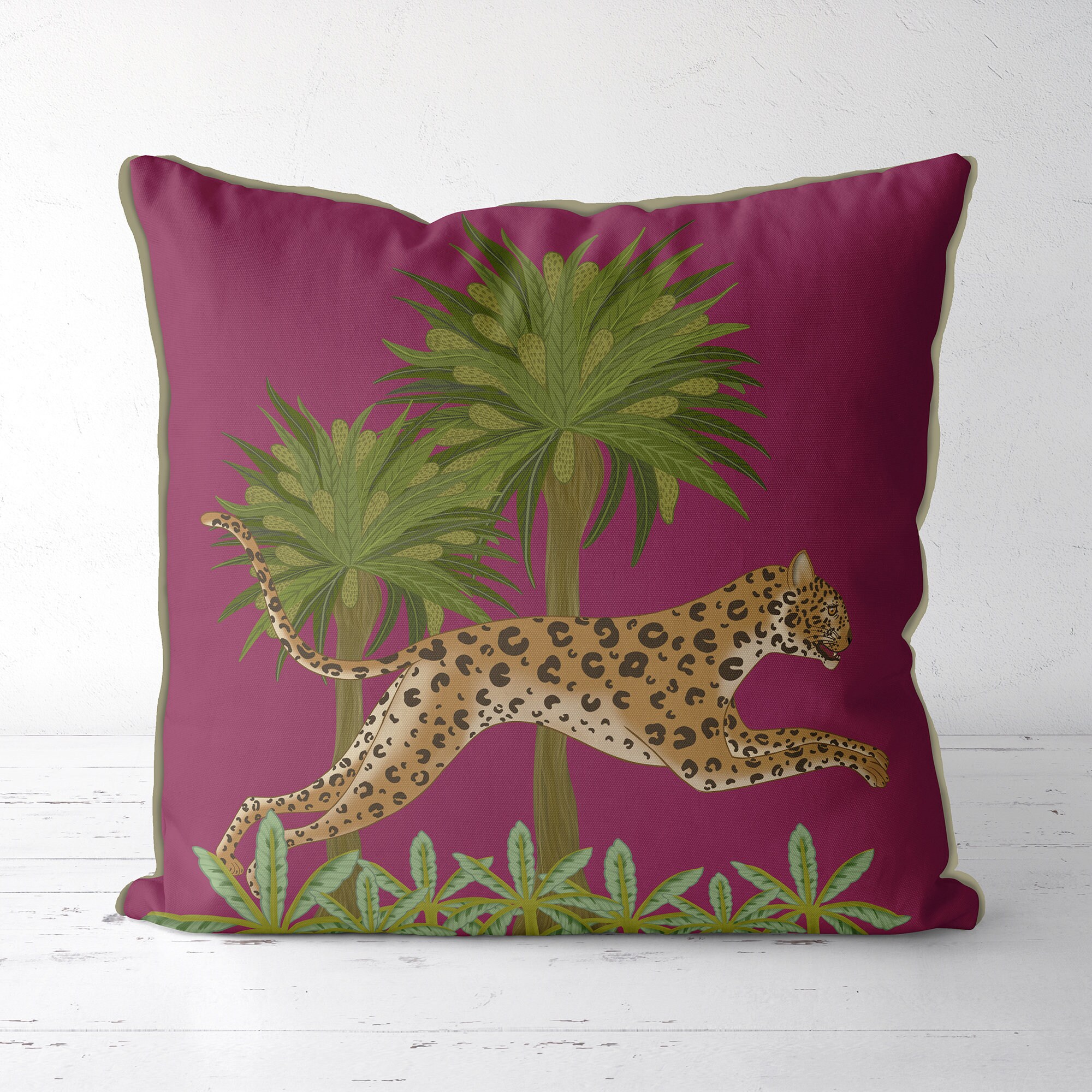 Leopard Pillow Cover, Deep Pink Tropical Print, Linen Accent Pillow - Etsy