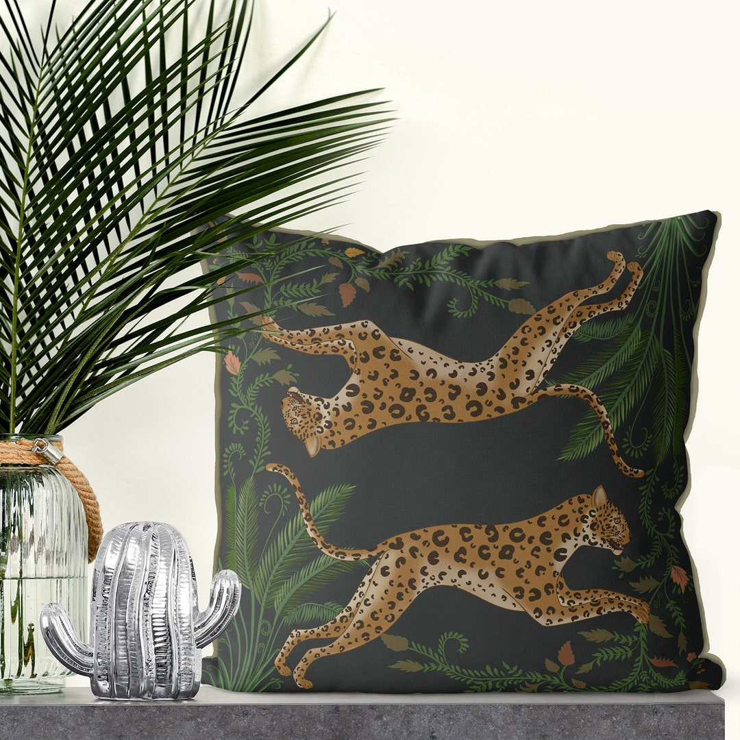Leopard Pillow Cover, Black Tropical Accent Pillow, Handmade in England ...