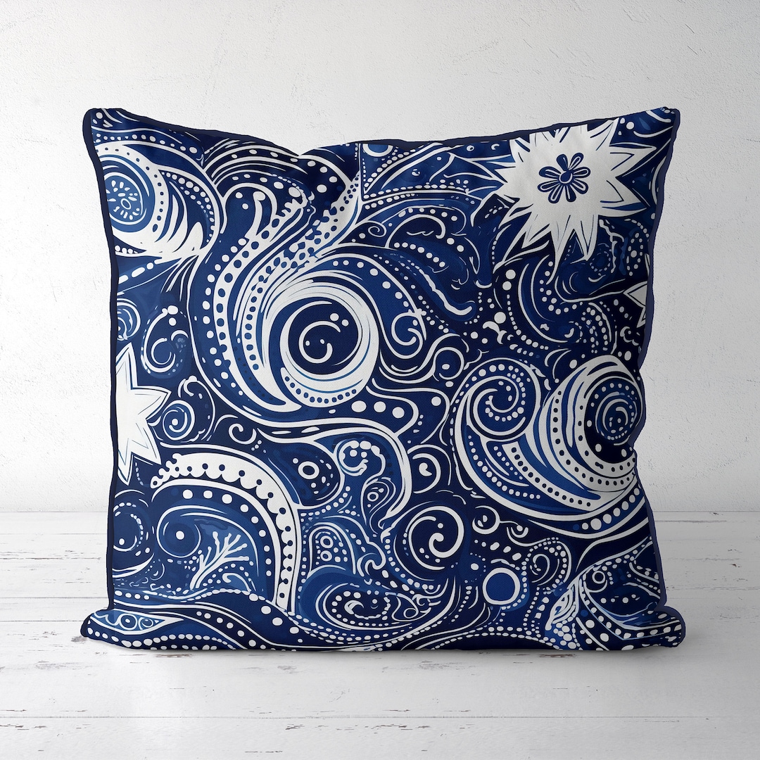 Boho Ethnic Style Navy Blue and White Pillow Cover, Modern Scatter ...