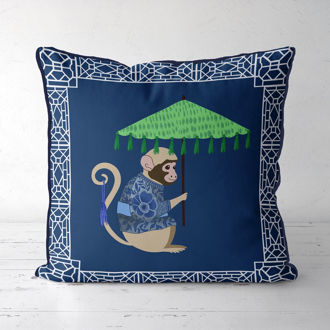 Modern Chinoiserie Pillow Cover, Monkey Parasol Cushion Cover on Blue ...