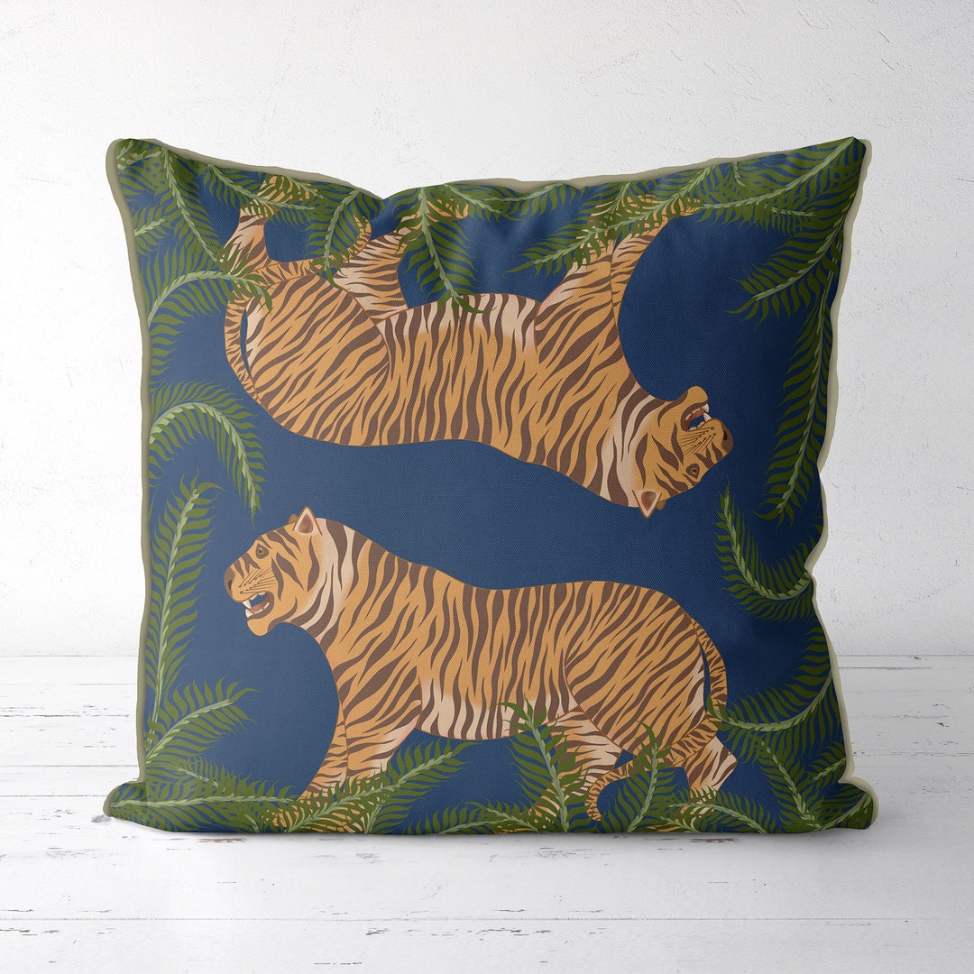Tiger Throw Pillows Tiger Pillow Cover Blue Tropical - Etsy