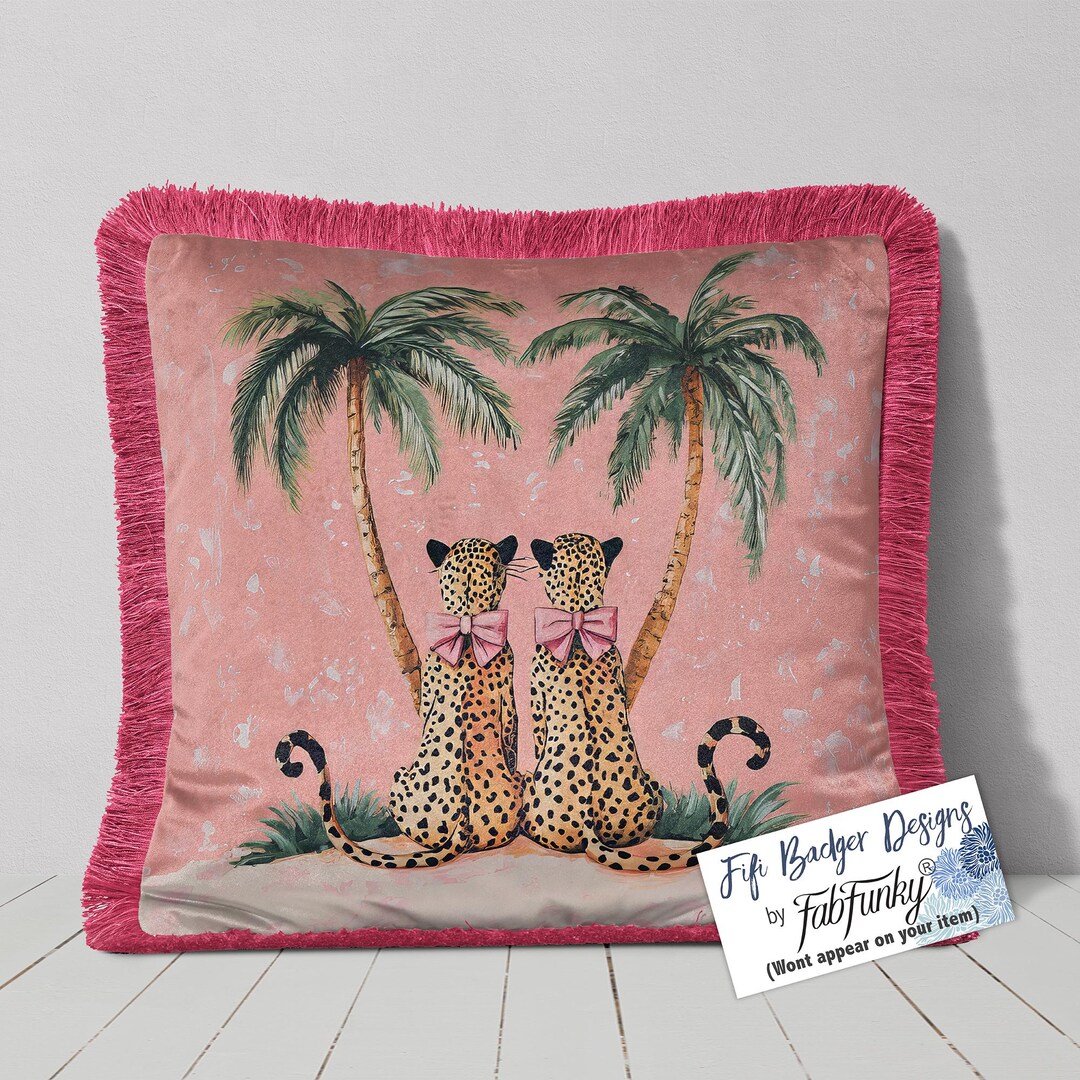 Cute Leopard Twins Luxury Velvet Fringed Pillow Cover, Tropical Palm ...