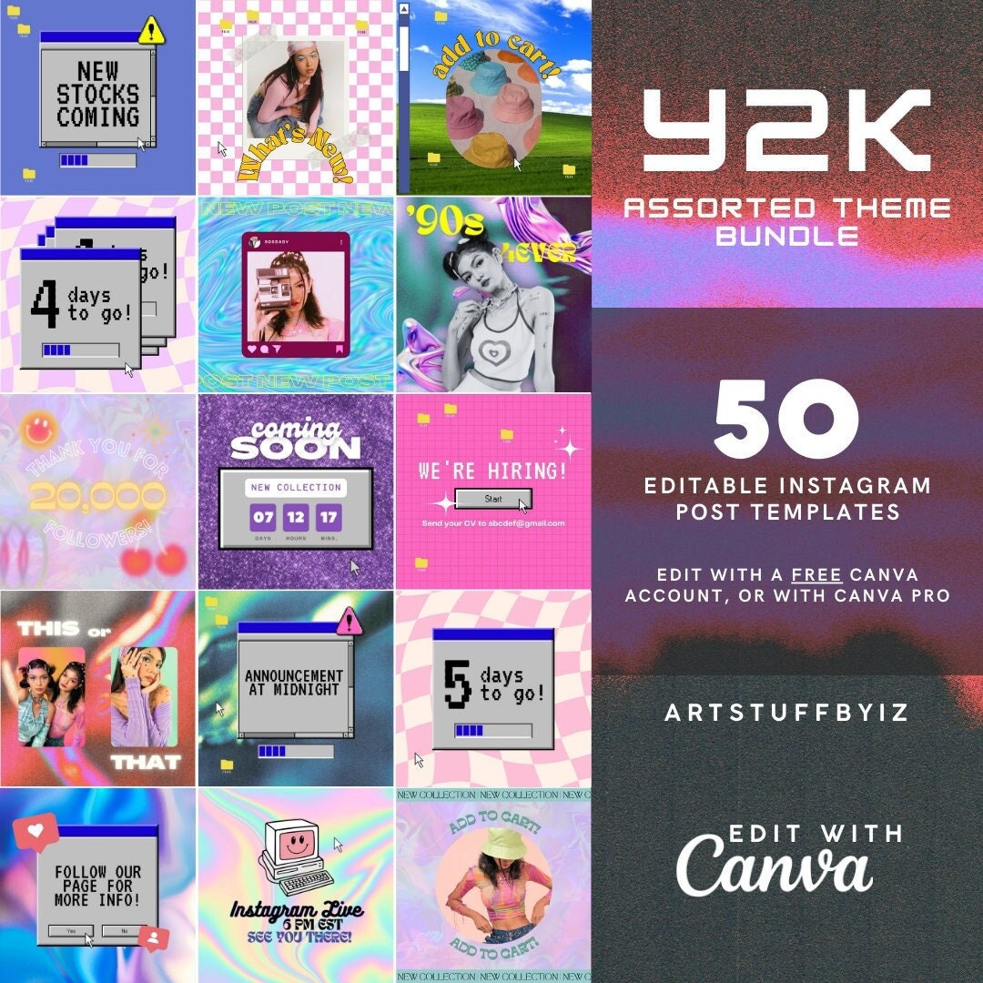 Y2K Assorted Theme Bundle 50 Editable CANVA Instagram Post Templates ...