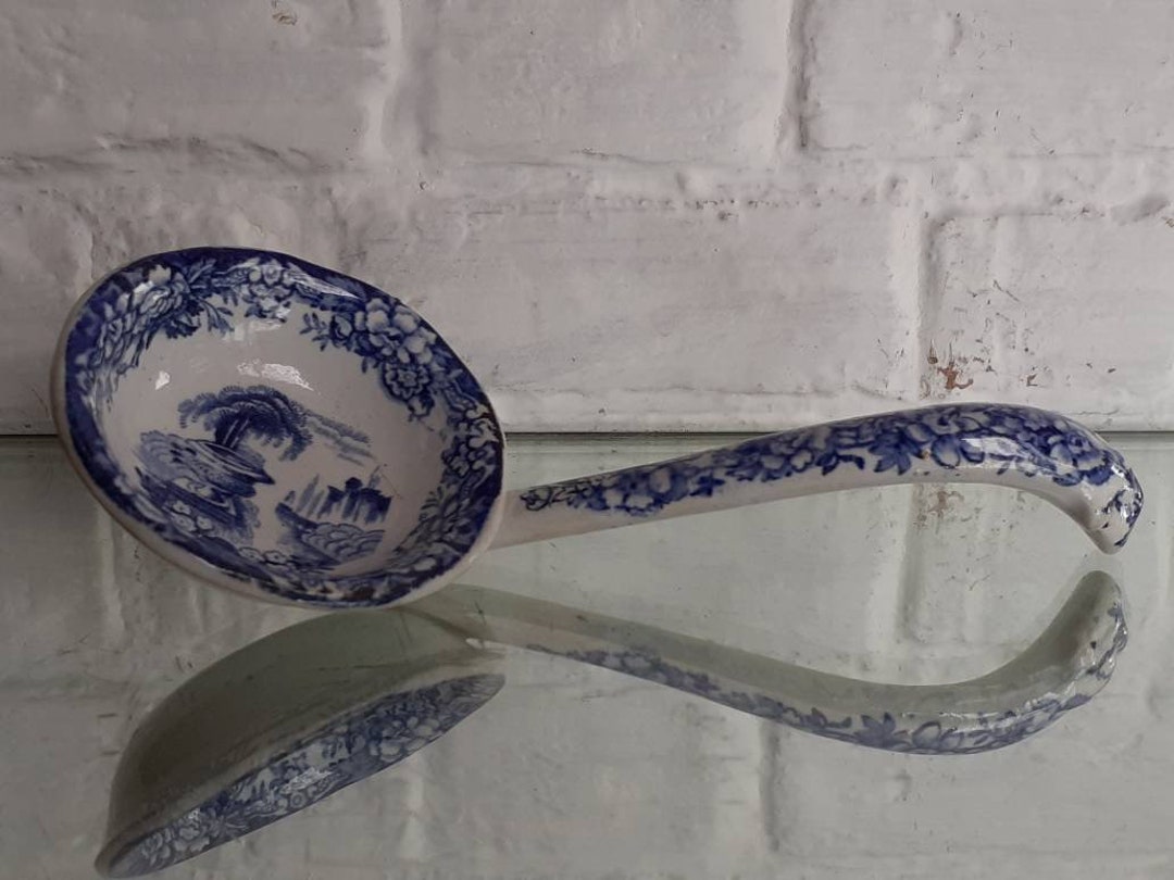 Rare Antique Pearlware Blue + White Transfer Print 7" Sauce Ladle ...