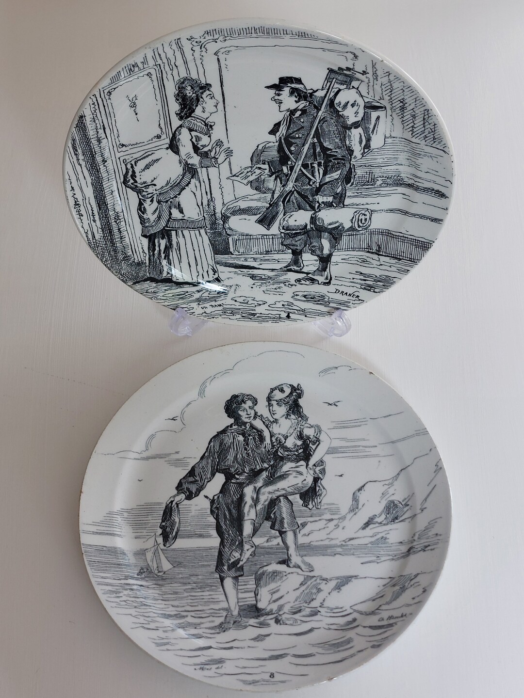 French Pair Plates Signed Comical French Antique 8" Plate- L ...