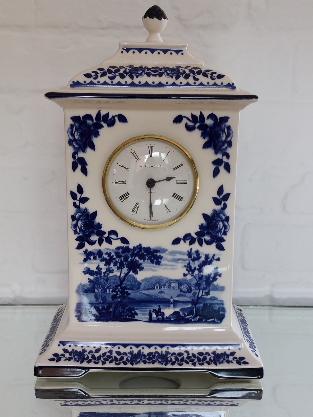 The Wedgwood Blue & White Calendar Clock Queens Ware blue Landscape ...
