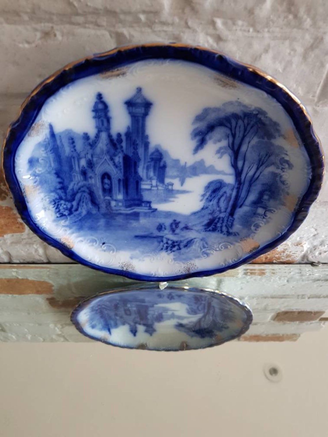 Gorgeous ANTIQUE Victorian Flow Blue Large Plate | Etsy