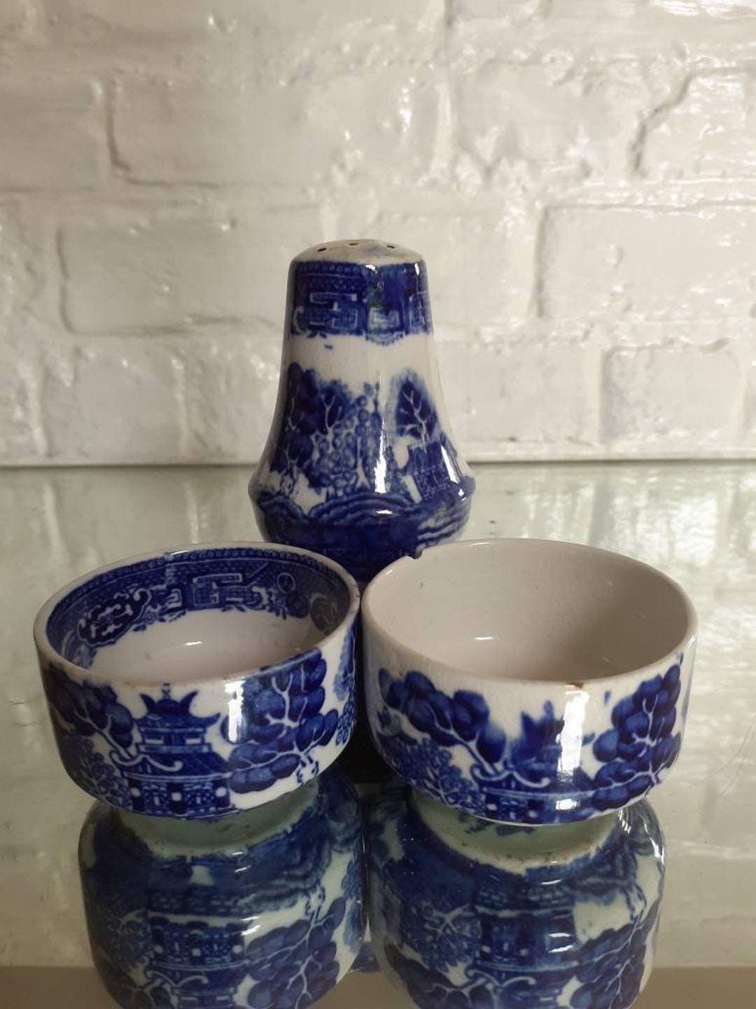 Adderley Ware Antique old Willow Lot of 3 Open Salt Pepper Dishes C ...