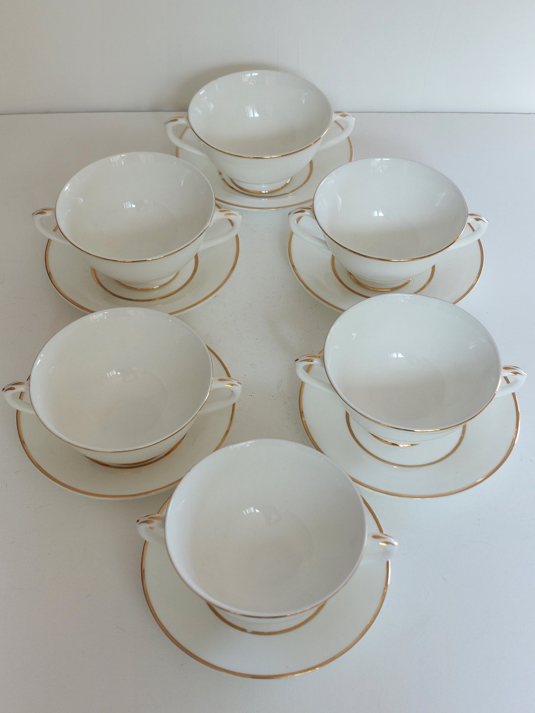 Antique 12 Pieces Set Bone China "souvenir" 22KT Gold- 6 Twin Handled ...