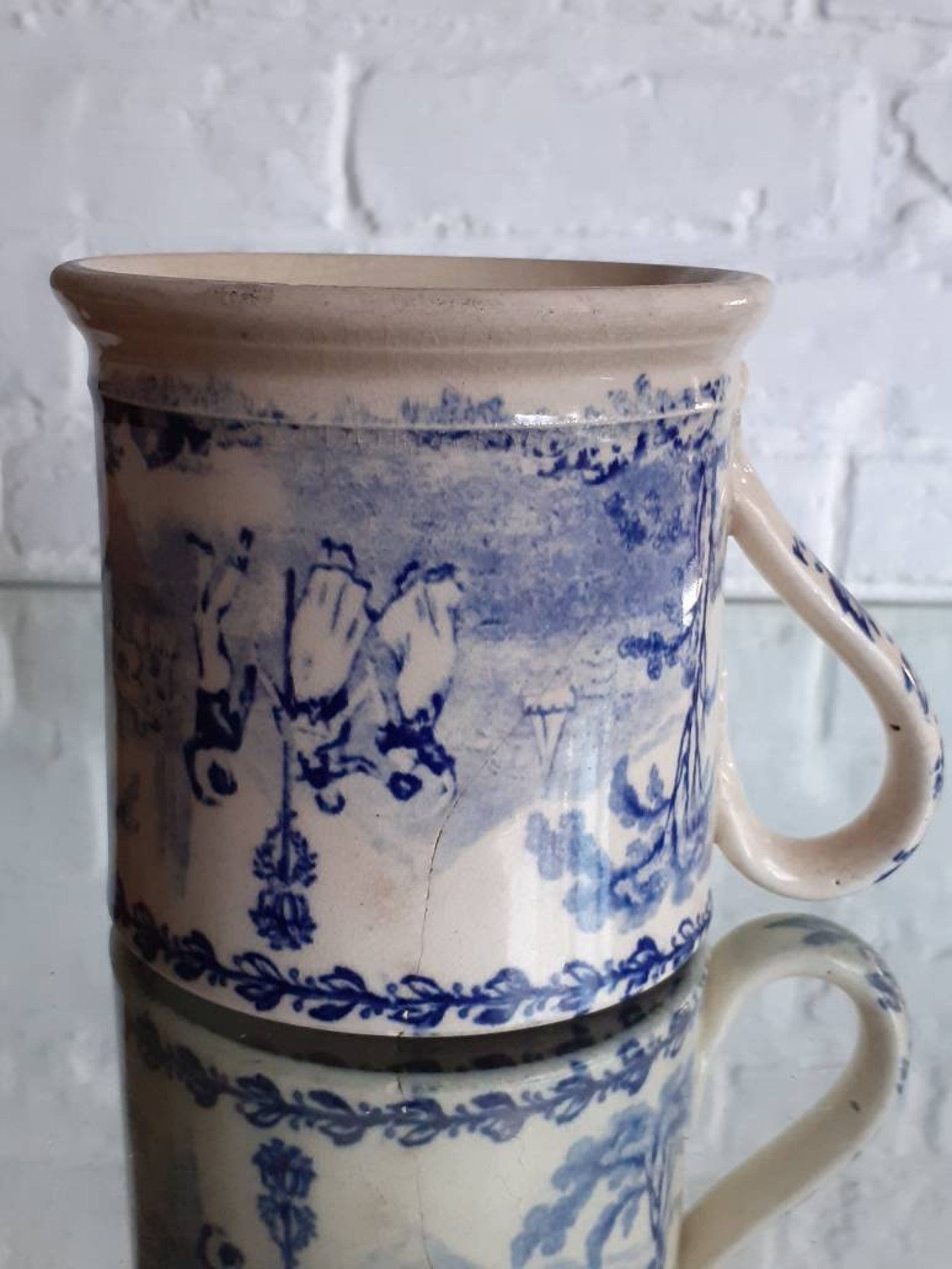 Early Antique Large Tankard Blue White Transferware | Etsy