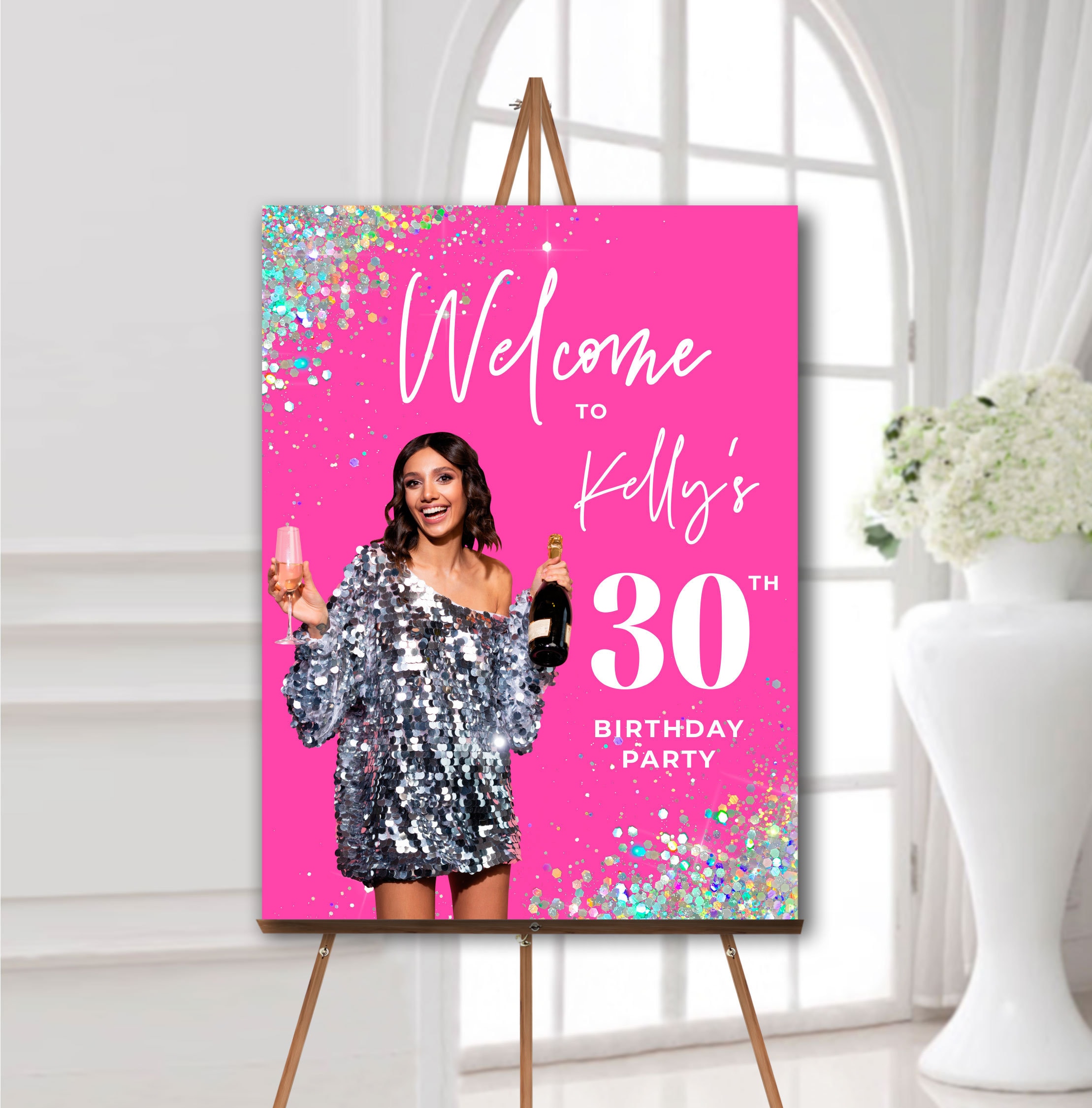 Pink Welcome Sign With Photo, 30th Birthday Party Welcome Sign With ...