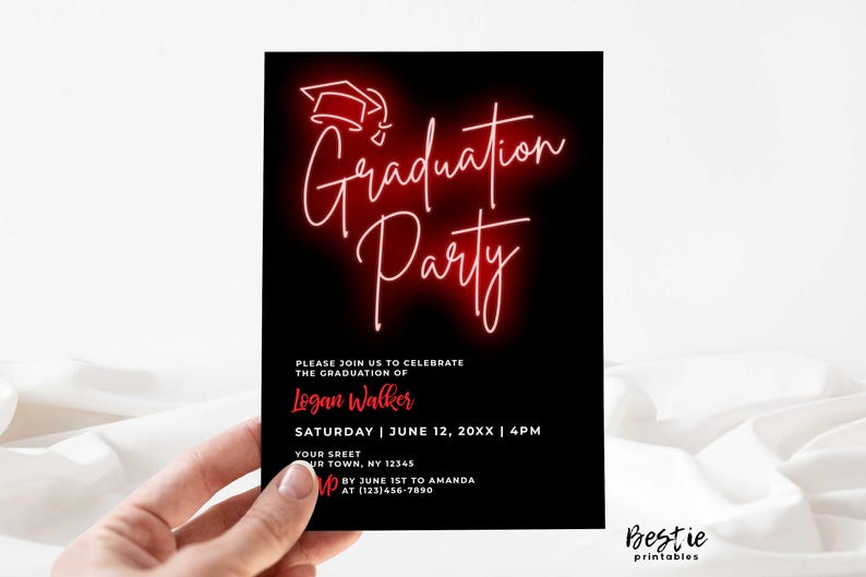 Red Graduation Party Invitation, Red Neon Light Invitation, Graduation ...