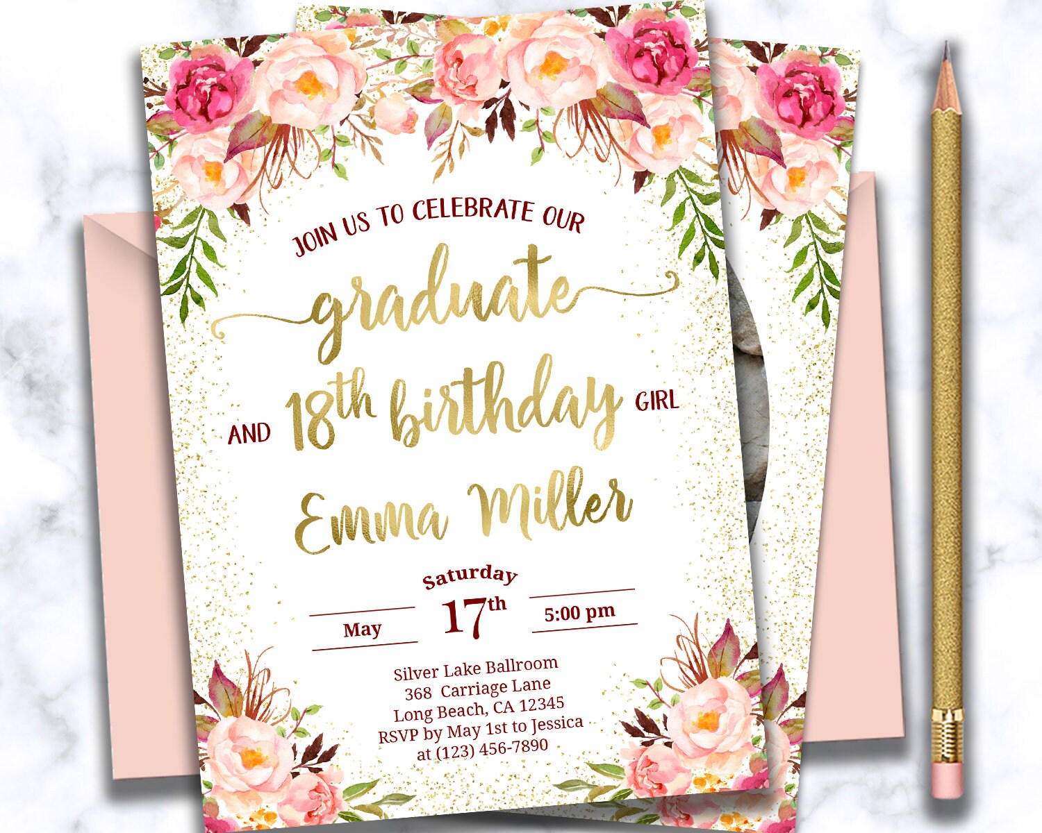 Graduation/birthday invitation girl Graduation and birthday | Etsy