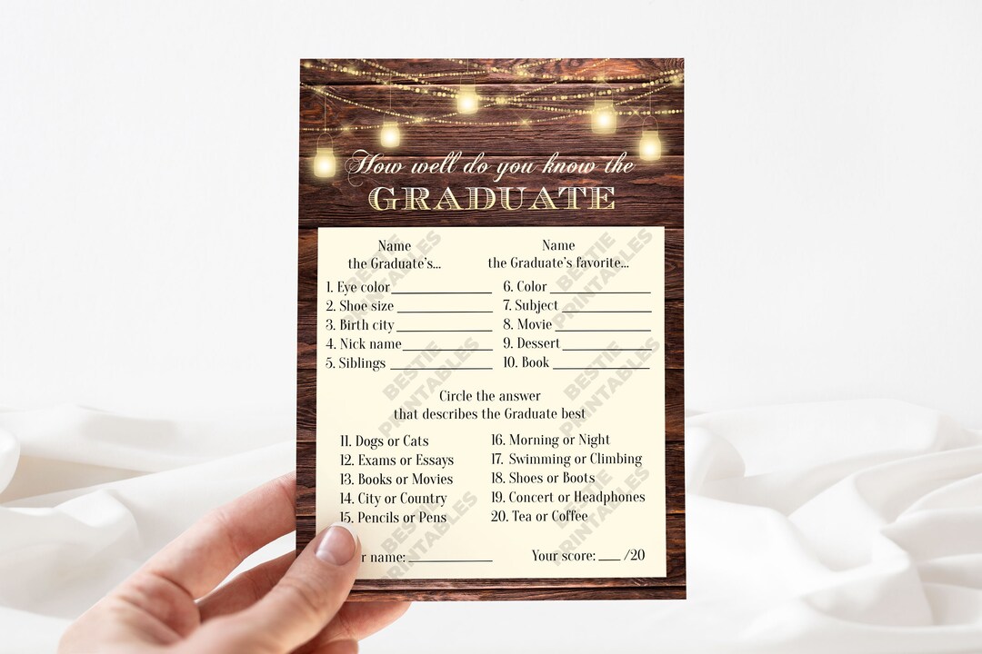 Rustic Graduation Game Cards Printable Graduation Party Game How Well ...