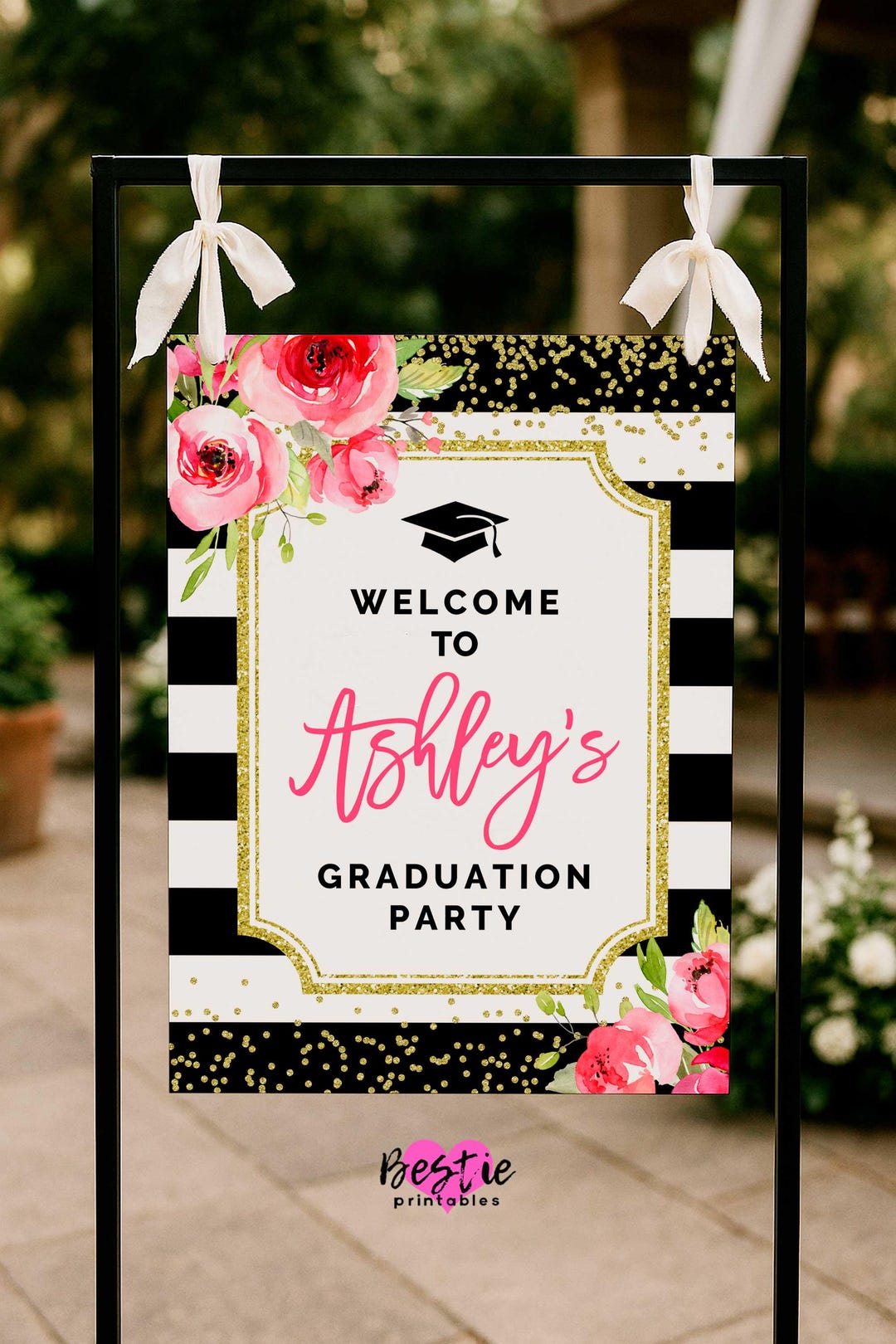 Pink Floral Graduation Welcome Sign, Black, White and Gold Party Decor ...