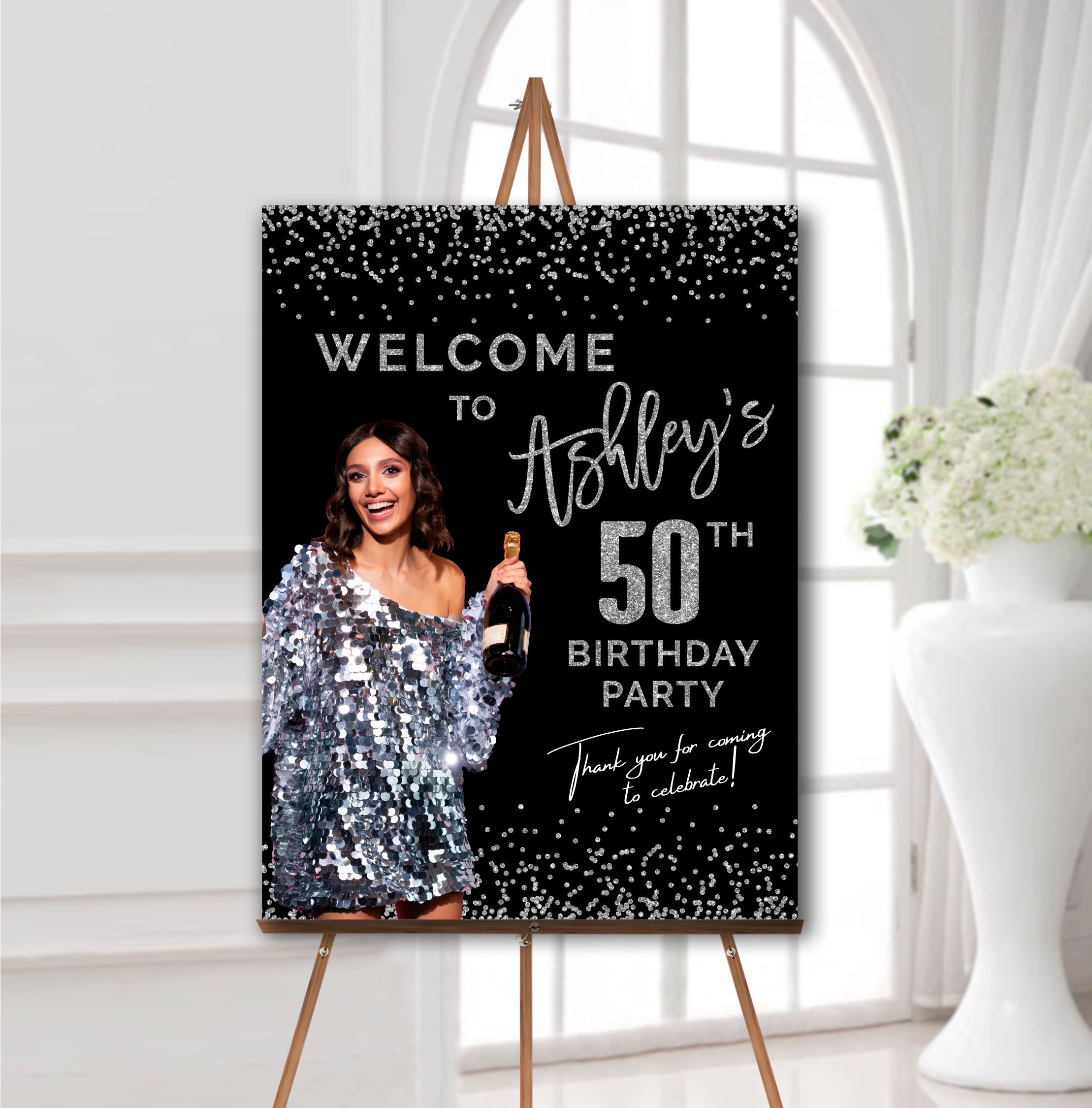 50th Birthday Welcome Sign With Photo, Birthday Party Decorations Black ...