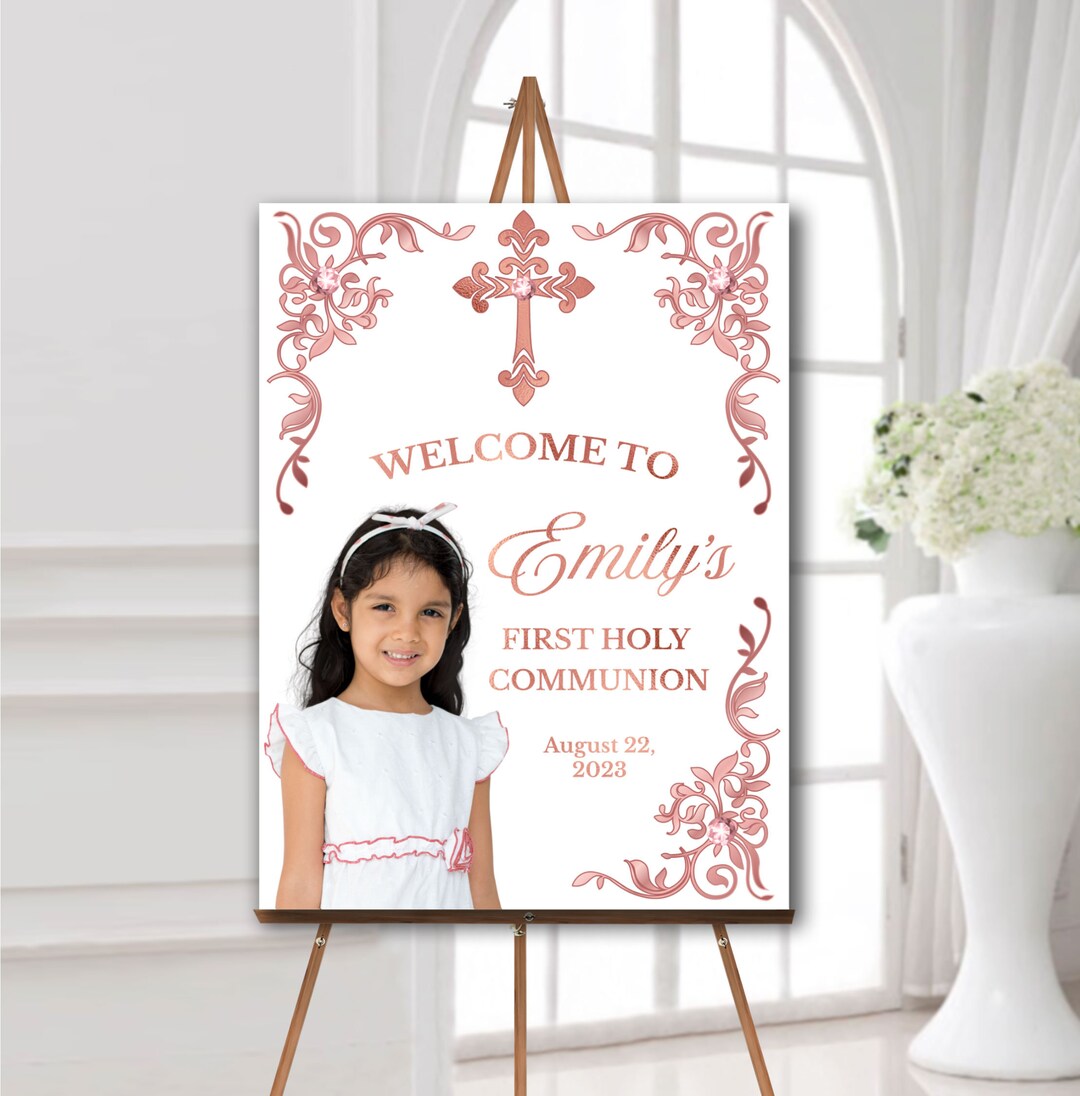 First Communion Welcome Sign Girl Baptism Welcome Poster Rose Gold ...